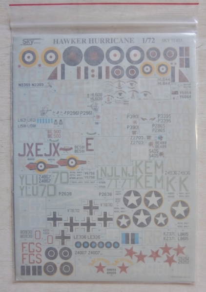 SKY MODELS 1/72 394. 72-053 HAWKER HURRICANE Model Kit Decals