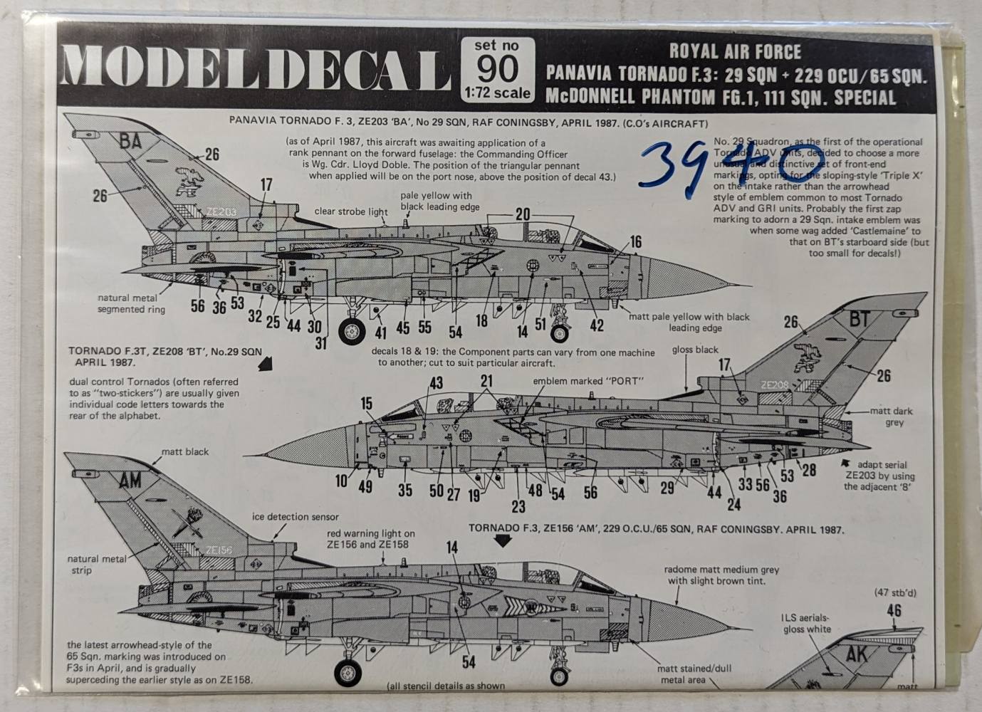 3940. NO 90 MODEL DECAL. ROYAL AIR FORCE PANAVIA TORNADO F.3: