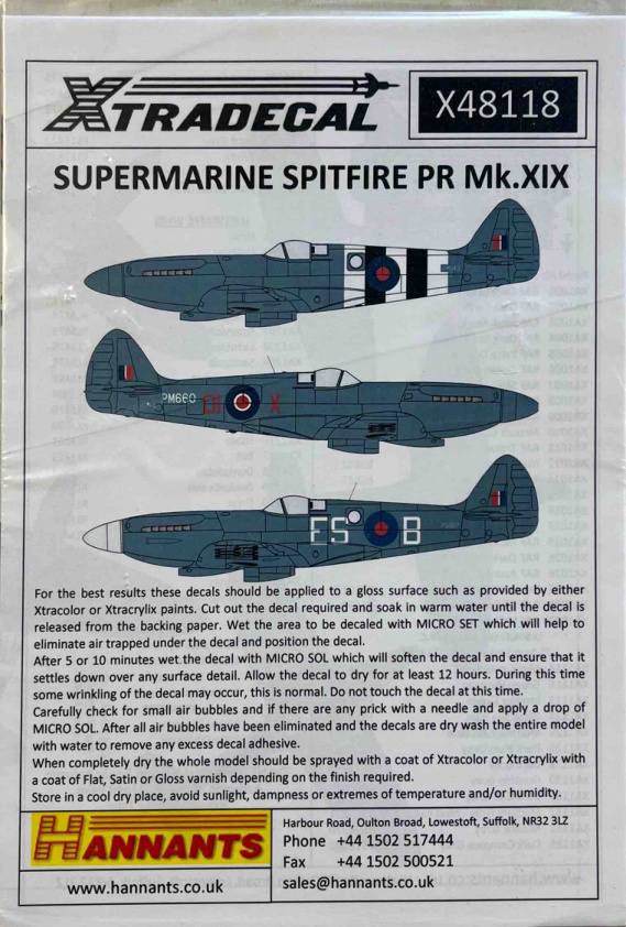 4404 X48118 XTRADECAL SUPERMARINE SPITFIRE PR MK.XIX